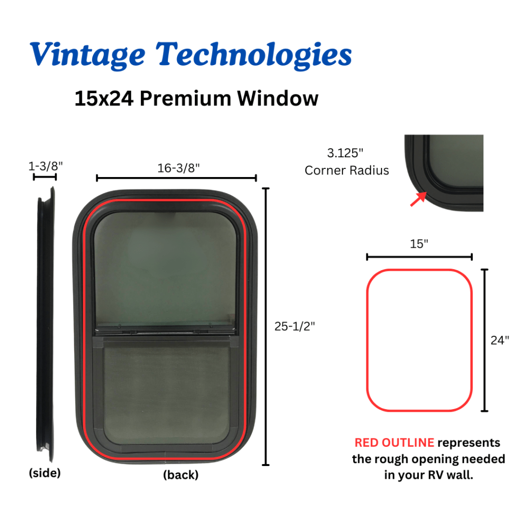 Premium RV Window 15" Wide x 24" Tall with Trim - Vintage Technologies