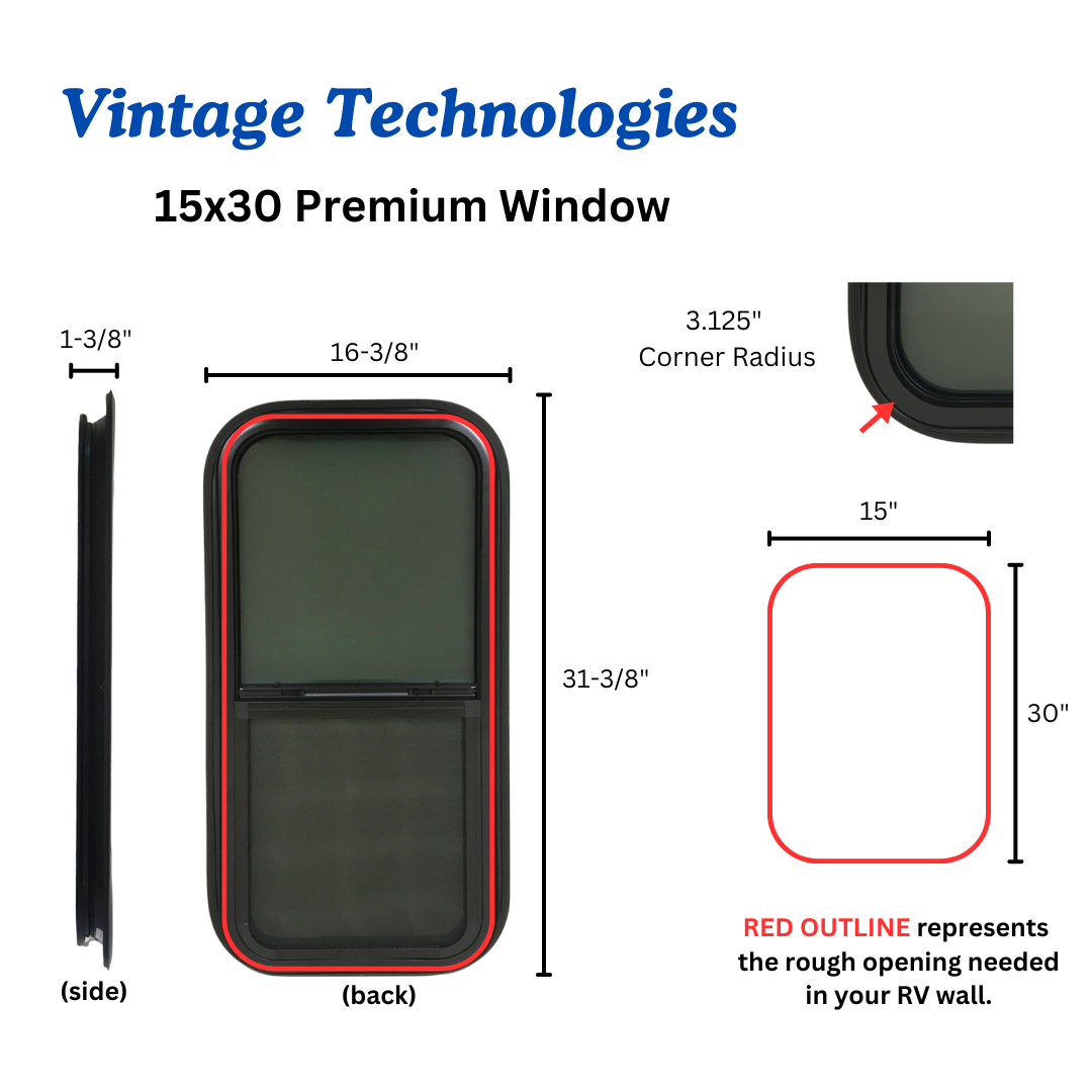 Premium RV Window 15" Wide x 30" Tall with Trim - Vintage Technologies