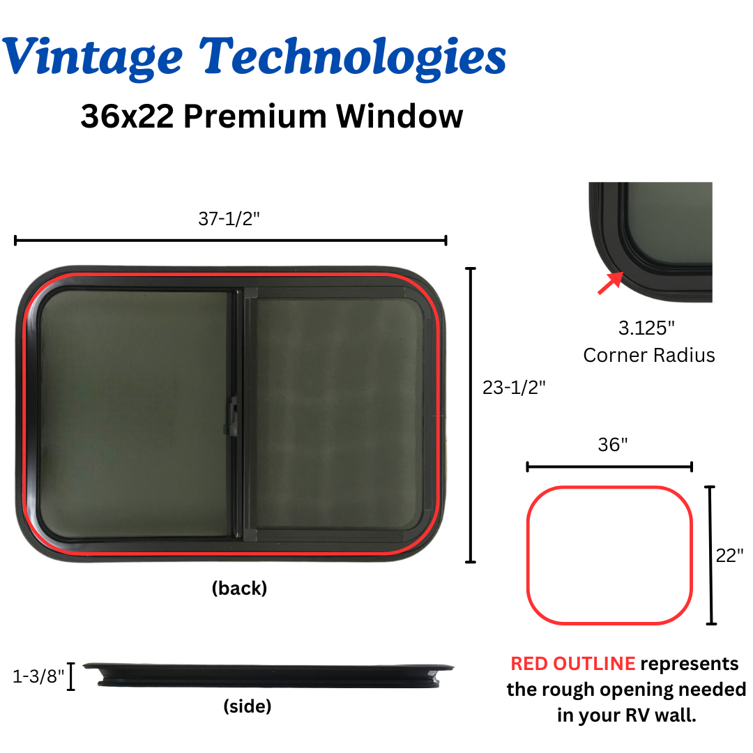 Premium RV Window 36" Wide x 22" Tall with Trim - Vintage Technologies